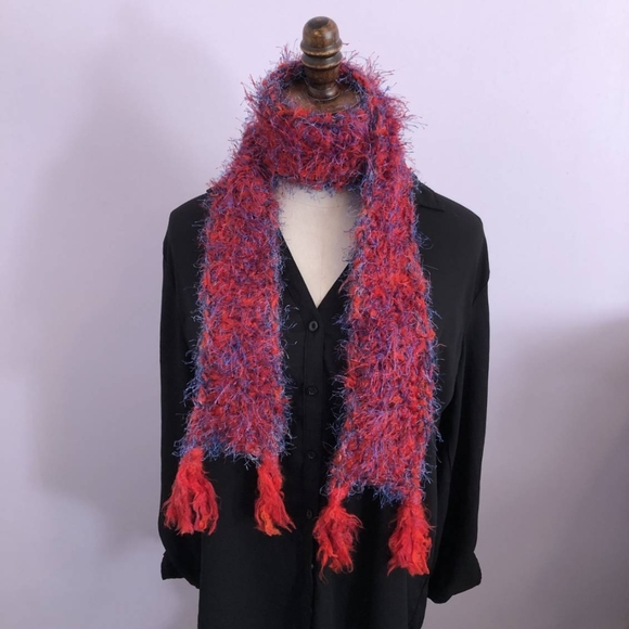 Hand Crafted | Accessories | Handmade Fuzzy Fringe Red Blue Scarf ...